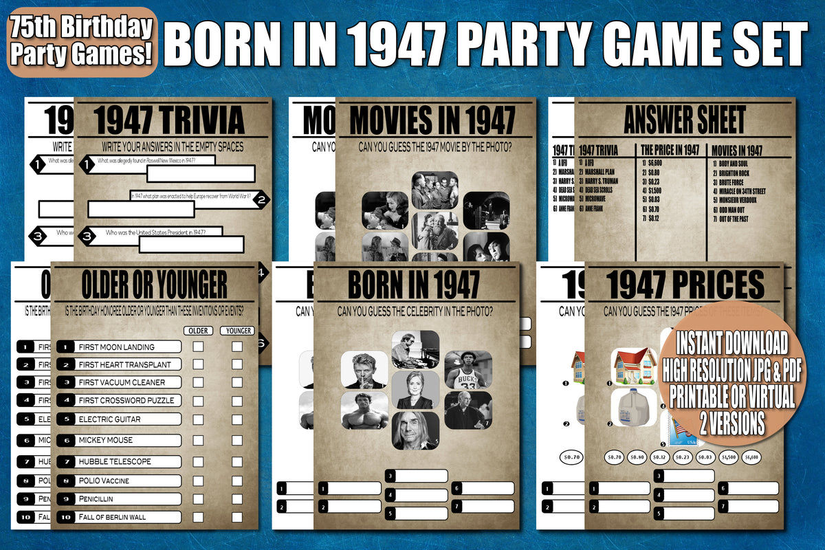 75th Birthday Party Printable Games, Born in 1947, Trivia, Instant ...