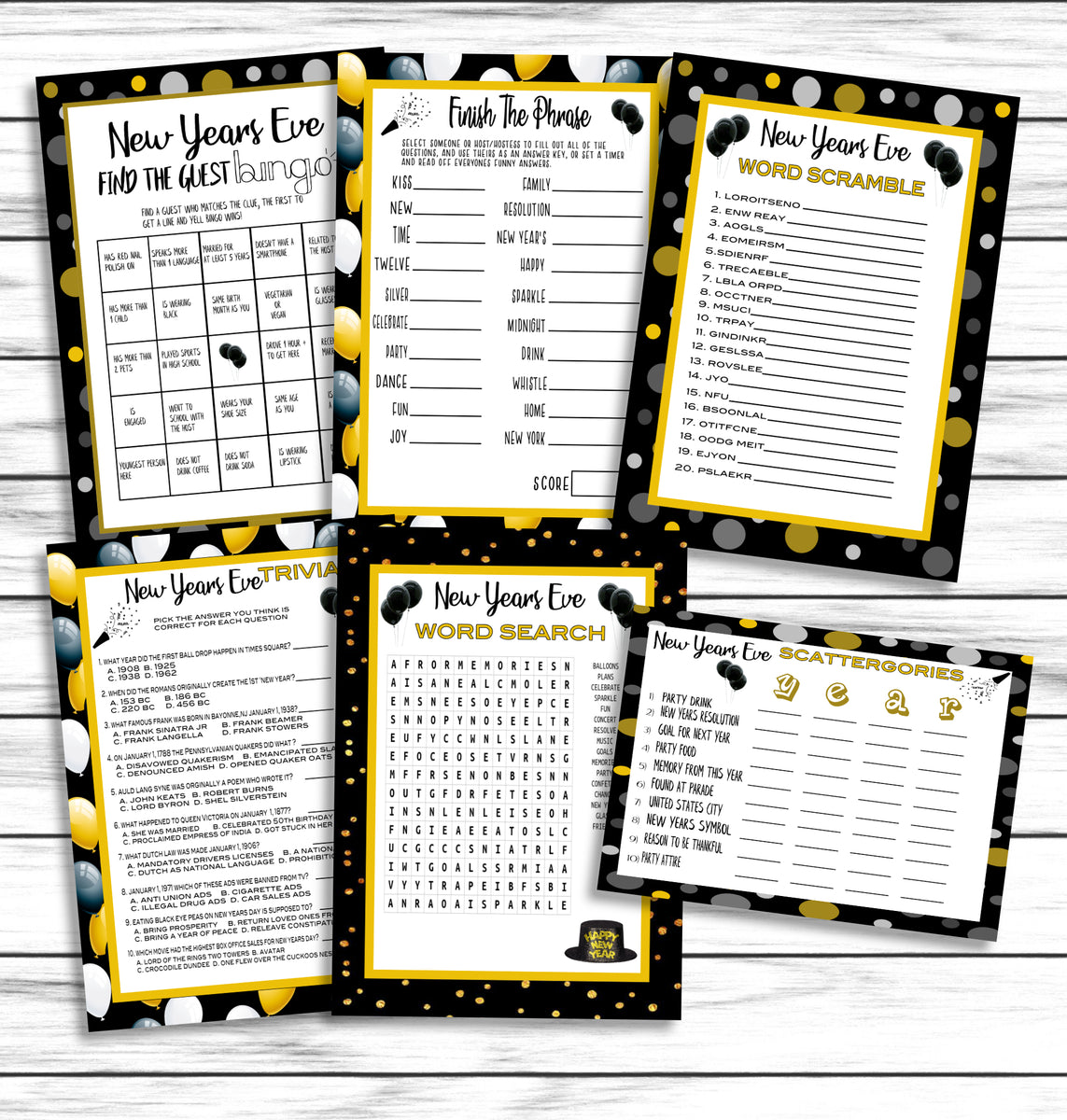 6 New Years Party Family Game Set, Printable or Virtual Kids Adults Ac ...