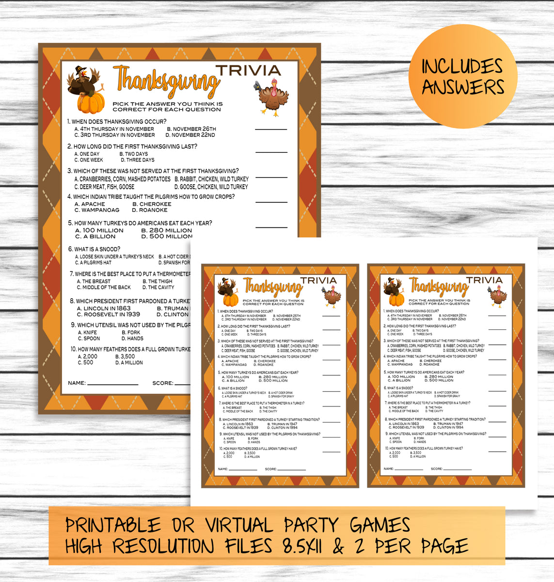 Thanksgiving Friendsgiving Party Family Trivia Game, Printable Kids Ac ...