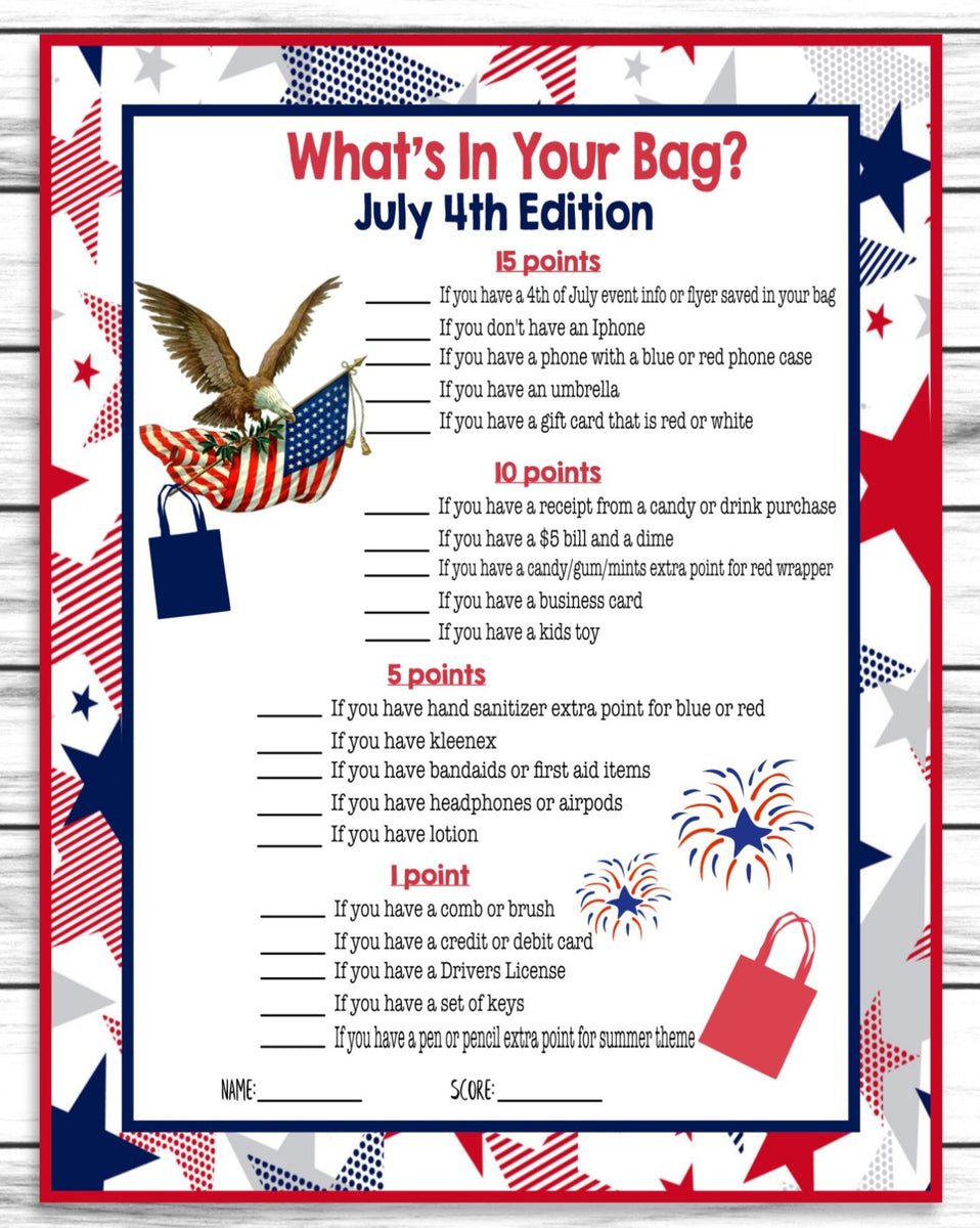 July 4th Party Whats in Your Bag, Purse Game, Printable Kids Activity ...