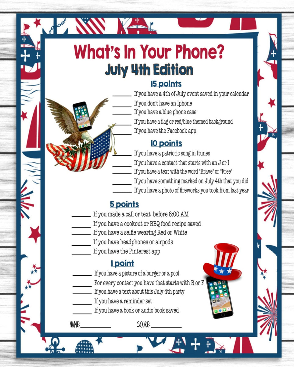 July 4th Party Phone Game, Printable Kids Activity Sheet, Instant Down ...